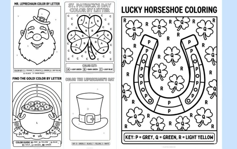5 Free Printable St. Patrick's Day Color by Letter Worksheets (A4 PDF)